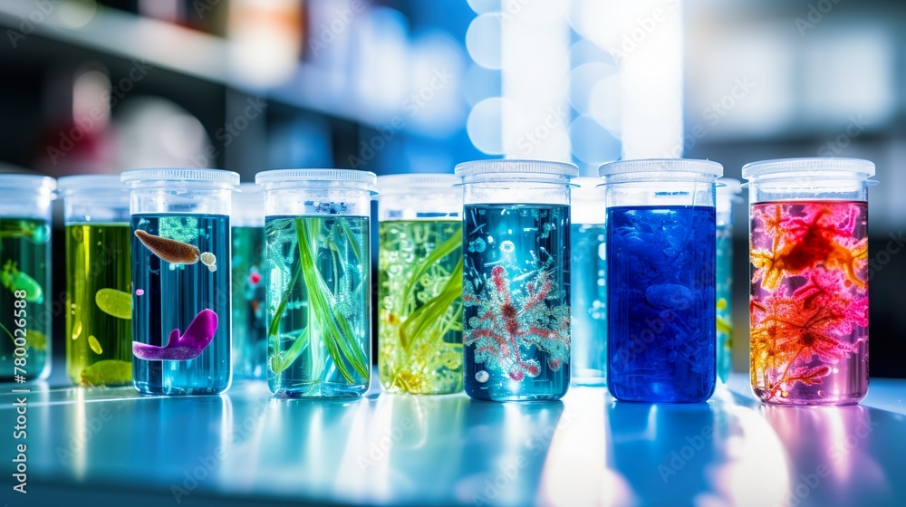 An array of colorful specimens displayed in transparent jars against a ...