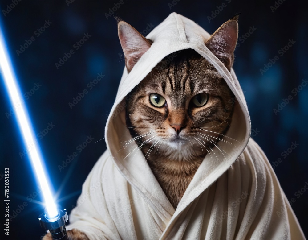 Funny cat in clothes and with a glowing sword, cute pet for background ...