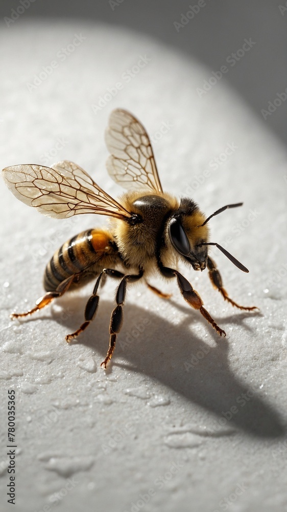 Bee, showing its intricate wings, fuzzy body. Bee likely in process of ...