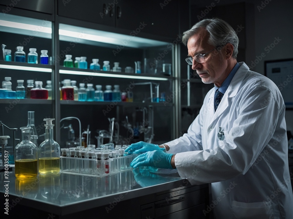 Man wearing white lab coat standing in laboratory. Surrounded by ...