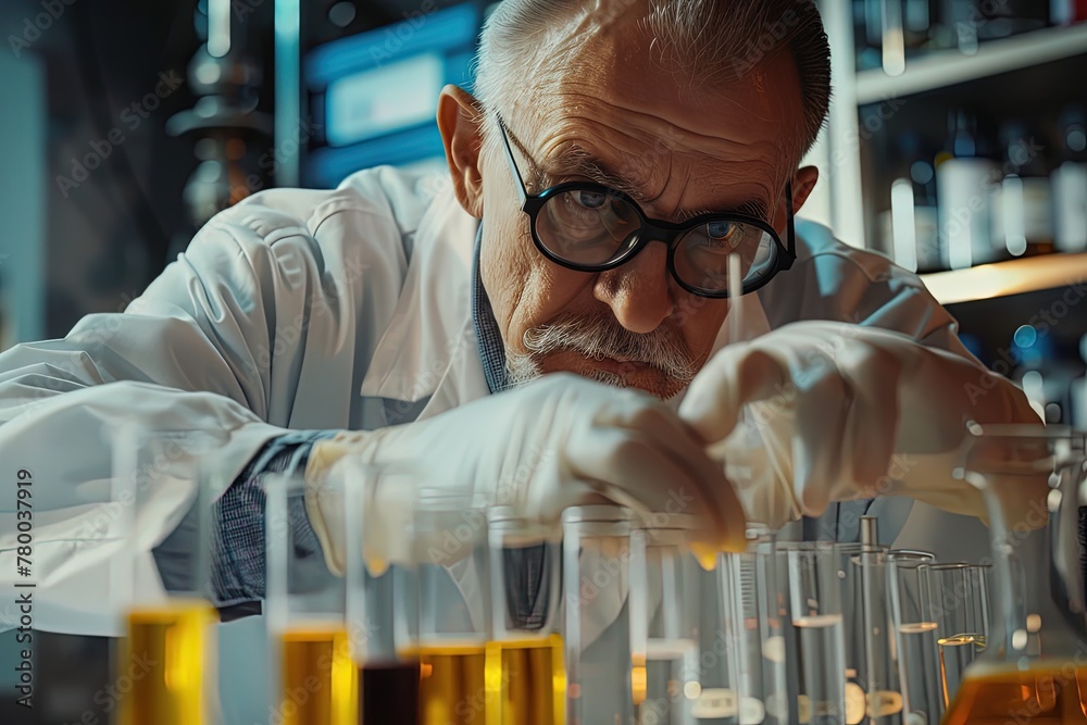 Portrait of busy concentrated middle aged male scientist in white lab ...