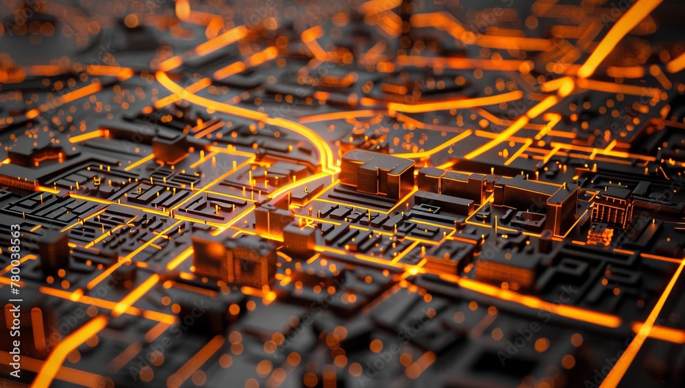 3d model of city map with buildings and roads, orange network lines ...