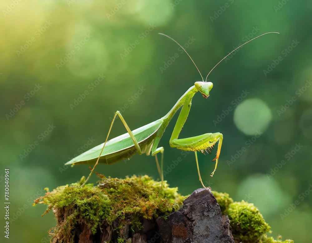 Praying mantis (Mantis religiosa) on blurred green background in the ...