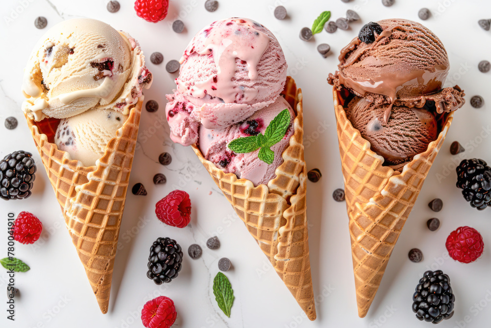 Gourmet Ice Cream Cones with Berries and Chocolate. Three waffle cones ...