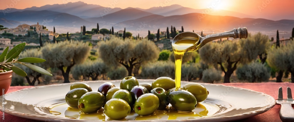 Olive oil and delicious olives on background of picturesque olive grove ...