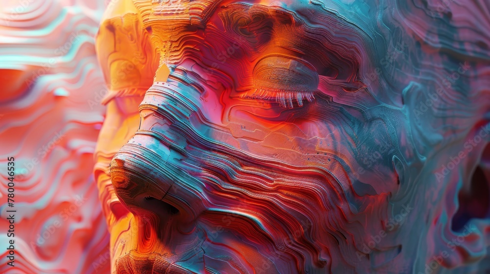 A face with a lot of texture and color, with a red and blue swirl ...