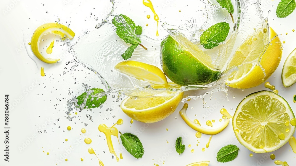 Flying lemon, lime slices, mint leaves with water splash on white ...