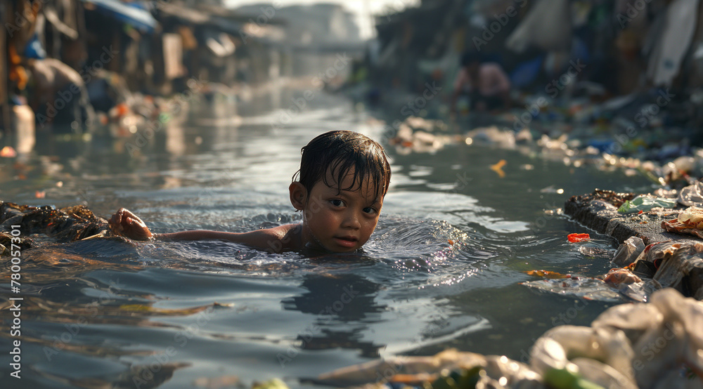 child swimming in the slums of cavintes city, the water is filled with ...