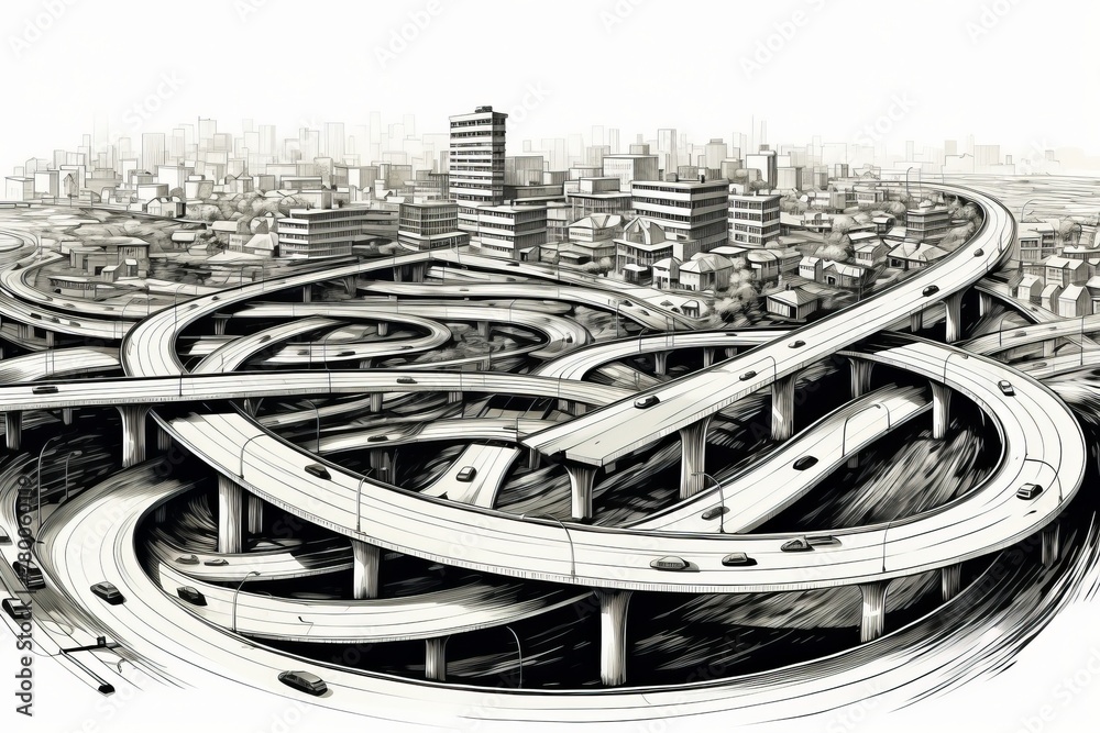A black and white drawing showcasing a complex highway intersection ...