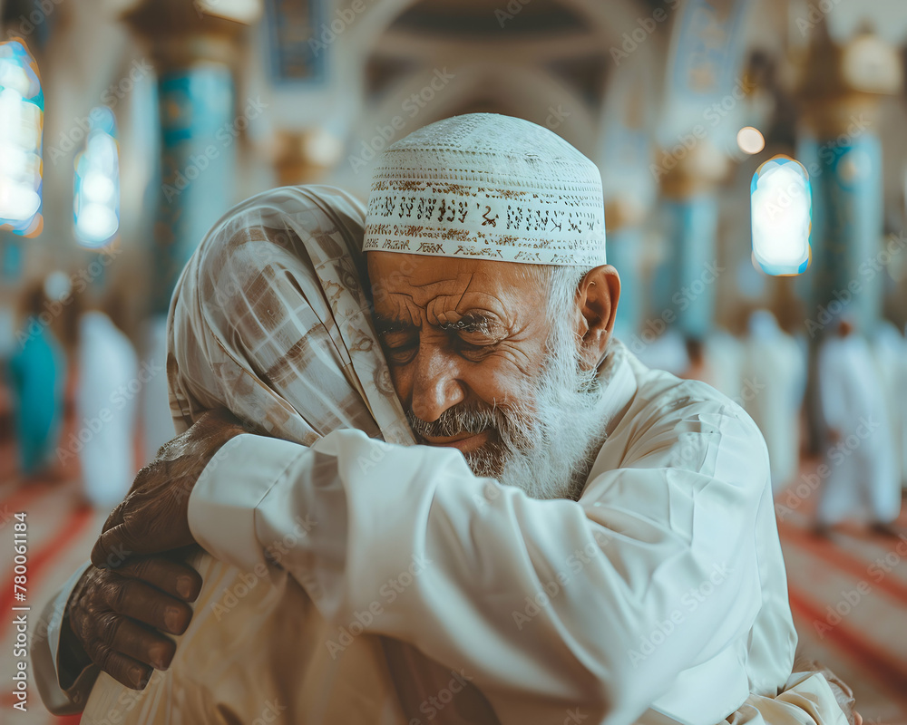 Eid Al Adha greetings Muslim Men Hugging Each Other as They Celebrating ...