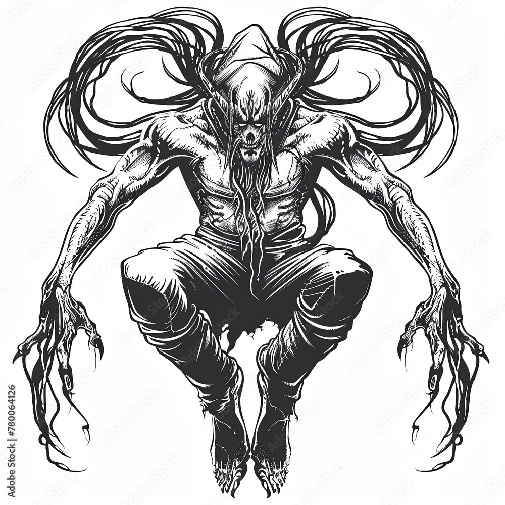 Creepy monster jumping in the air. Black and white drawing with a ...