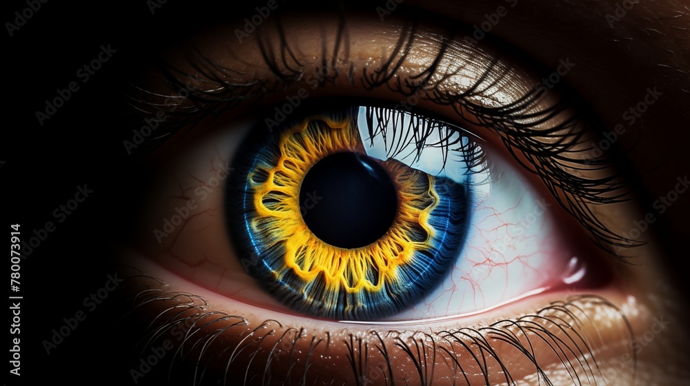 a close up of a human eye with a blue iris and yellow iris in the ...