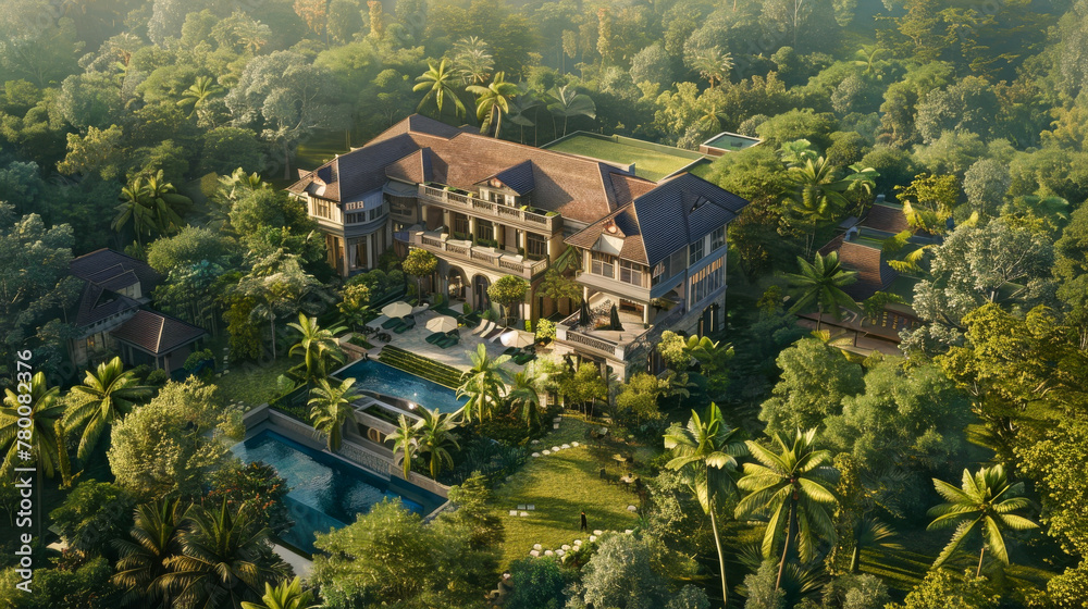 An aerial view of a grand estate with multiple buildings, surrounded by ...