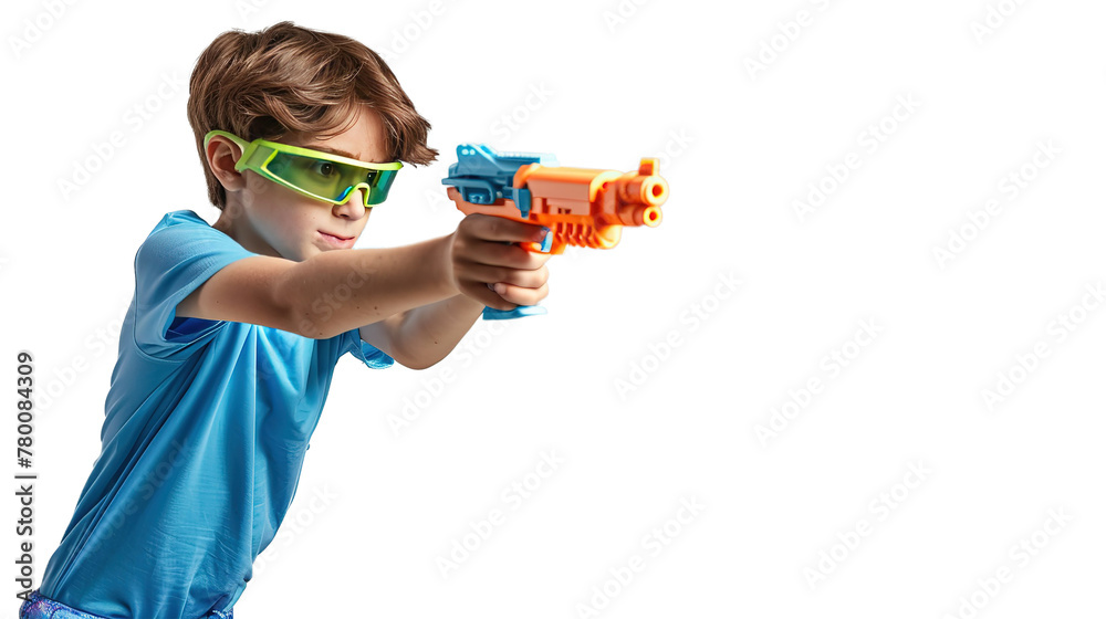 Asian kid boy holding toy gun, Thai child funny hold toy water pistol ...