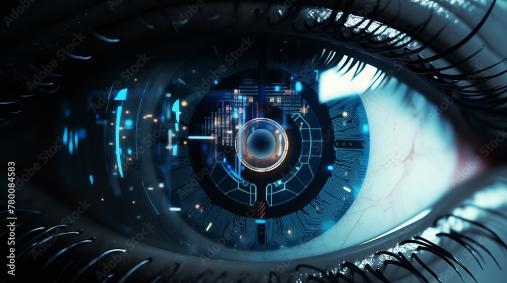 Futuristic digital eye. Cybersecurity concept. Close up of human eye ...