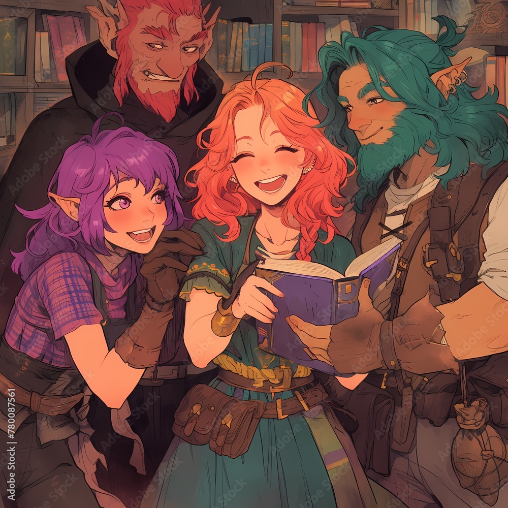 A group of fantasy adventurers engrossed in a magical map, ready to ...