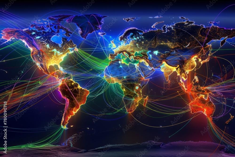 Lines connect a selection of major global cities revealing a world wide ...