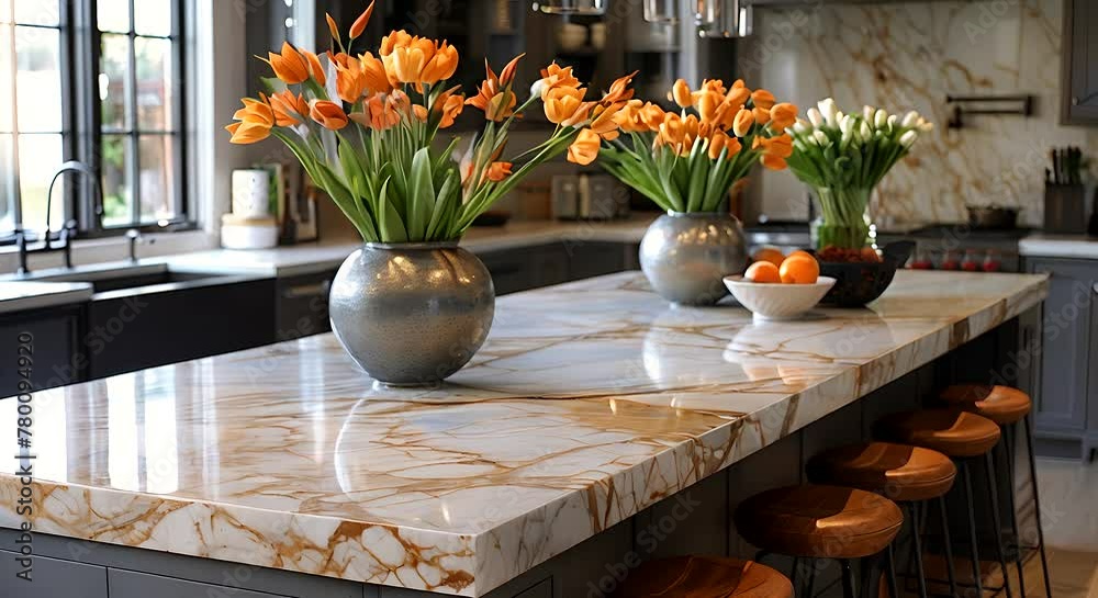 Vidéo Stock A tour of a modern kitchen featuring luxurious marble ...