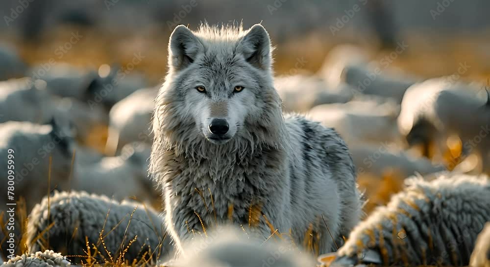 A lone wolf stands amidst a herd of sheep in a field, showcasing ...