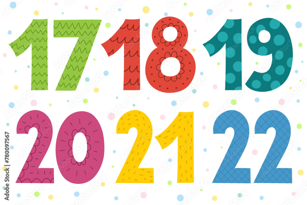Doodle numbers 17-22 educational set for kids. Collection of colorful ...