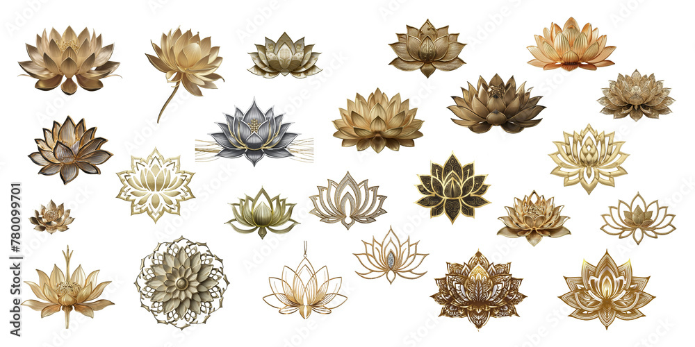 Elegant set of golden lotus on a transparent background, oriental decor ...