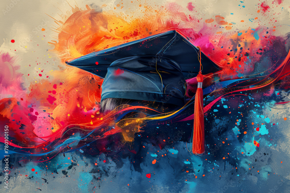 Abstract art of a graduate cap with a colorful backdrop, capturing the ...