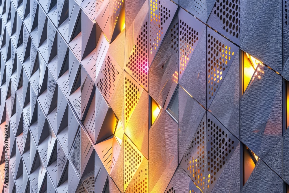 modern steel cladding with angular geometric patterns and square holes in a shiny metallic ...