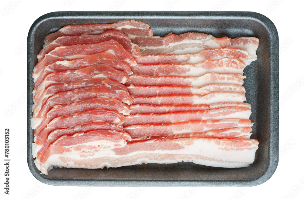 Raw pork bacon in black plastic pack isolated on white, transparent ...