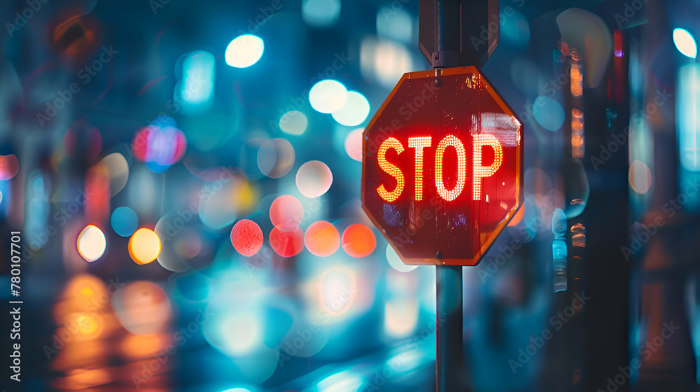 Defocused stop sign traffic regulations with traffic lights on the ...