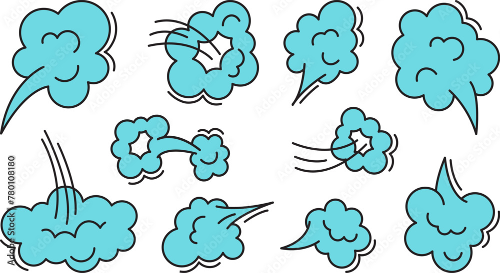 Cartoon fart cloud icon, smoke poof doodle, comic breath, air, steam ...