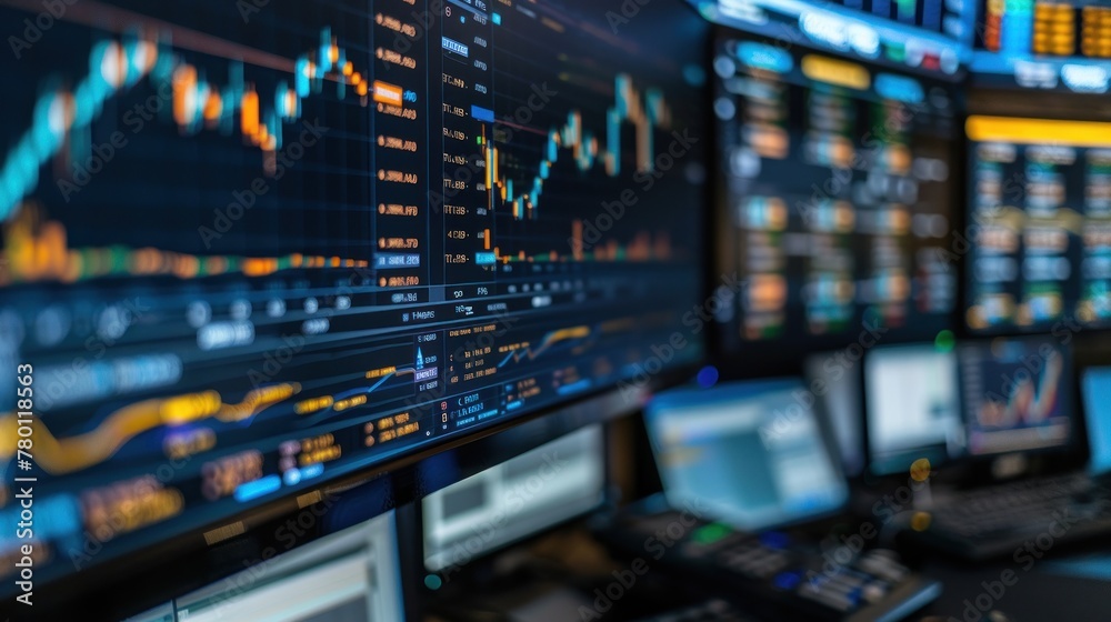 Digital technology of trade charts graphic on computer monitors display ...