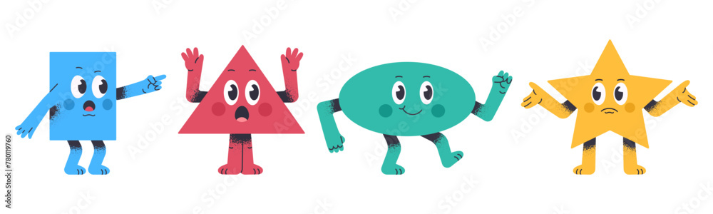 Cute geometric mascots. Funny comic shapes for math school learning ...
