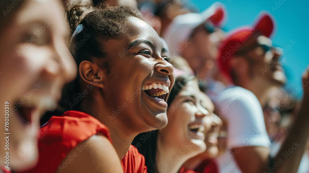 Happy fans cheering at stadium. Group of excited young sport ...