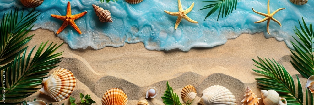 Representing travel and vacation, the background features sand with ...