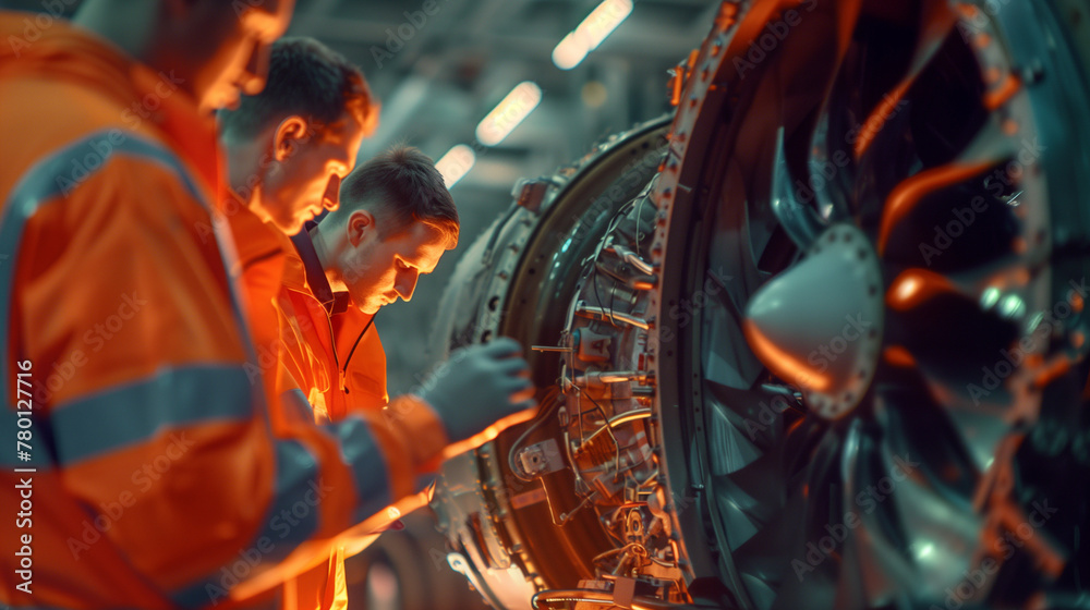 Two aircraft technicians in a hangar are meticulously inspecting and ...