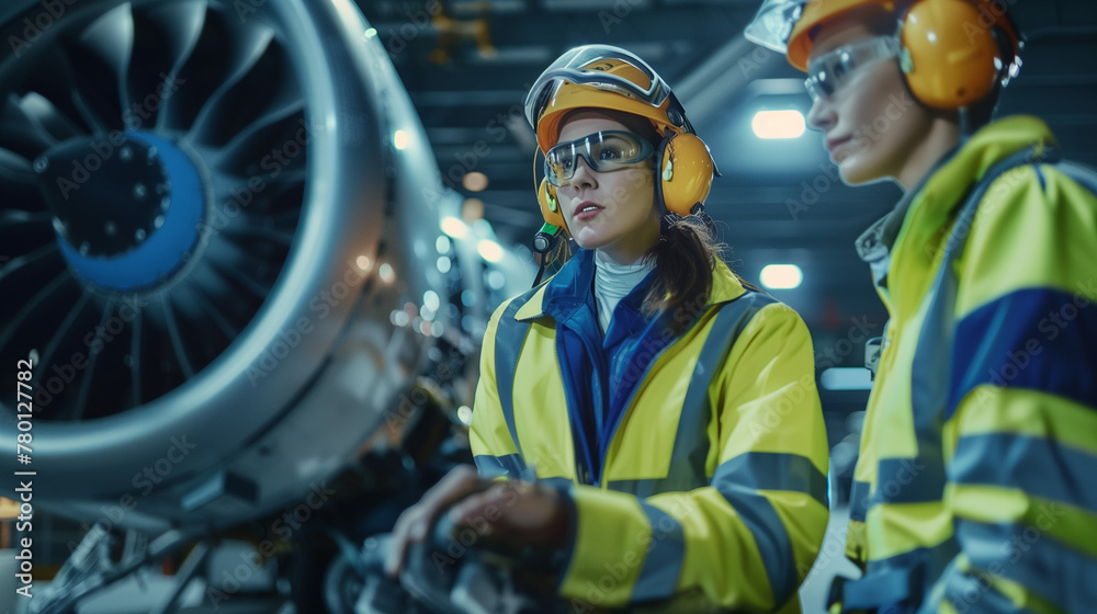 Two aircraft technicians in a hangar are meticulously inspecting and ...