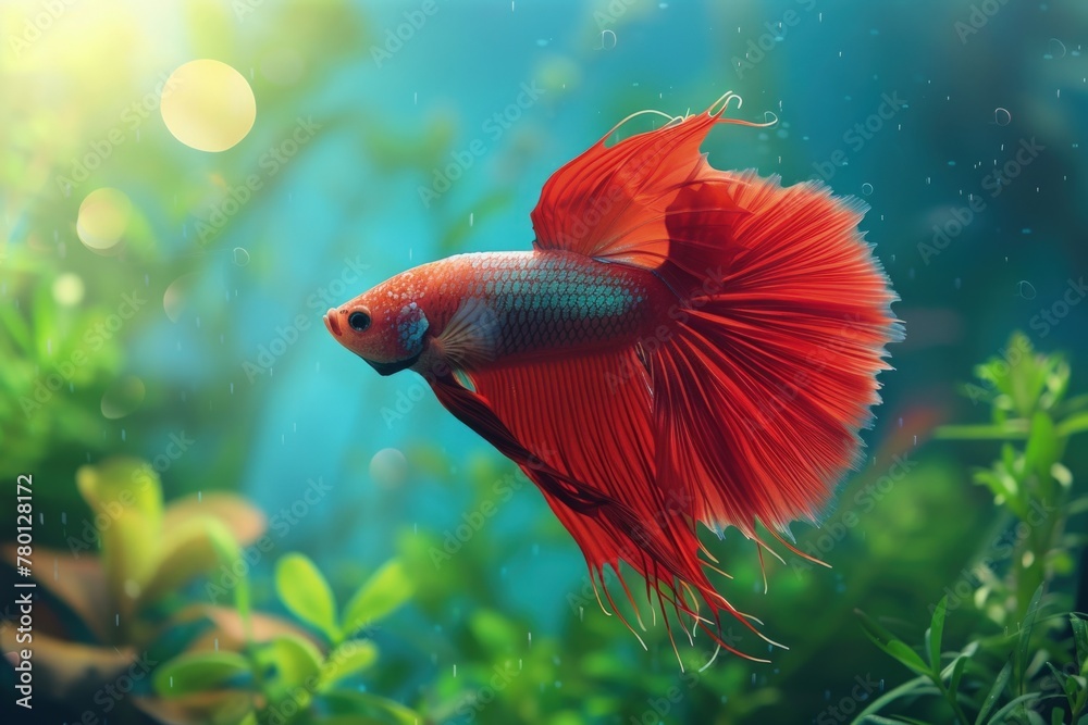 Red betta fish with large fins and tail swimming in an aquarium with ...