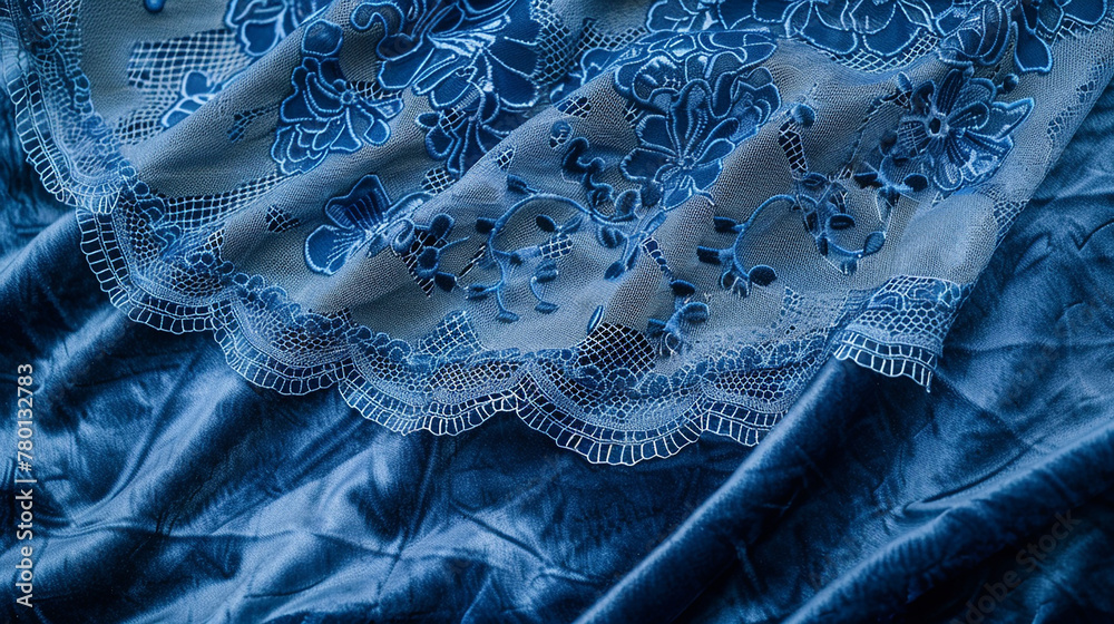 An overlay of blue vintage lace against a darker blue velvet background ...