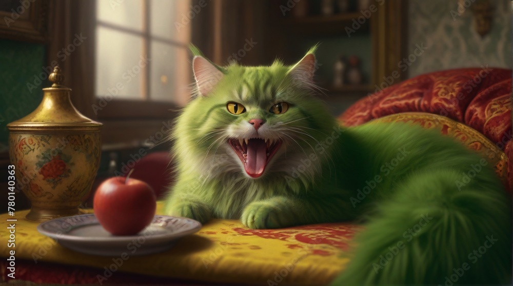 Fluffy green cat with joker smile, yellow eyes, like a cheshire cat ...