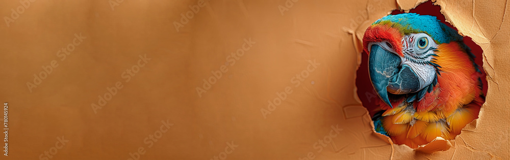 Banner with macaw parrot head peeking through a hole in a orange paper ...