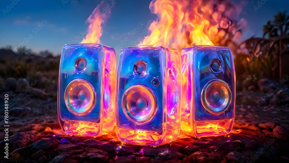 speakers surrounded by fire, burning speakers, isolated on black ...