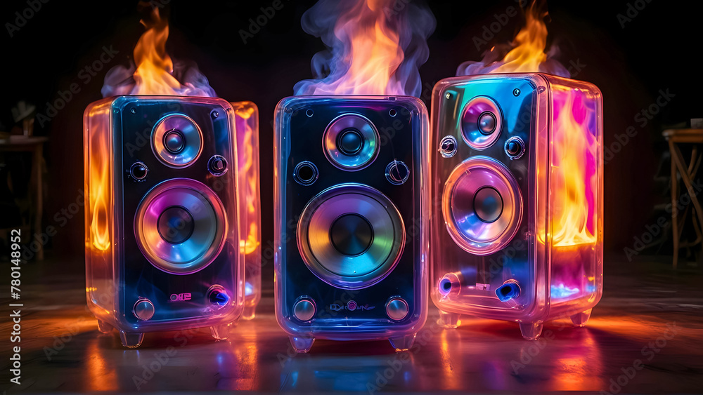 speakers surrounded by fire, burning speakers, isolated on black ...