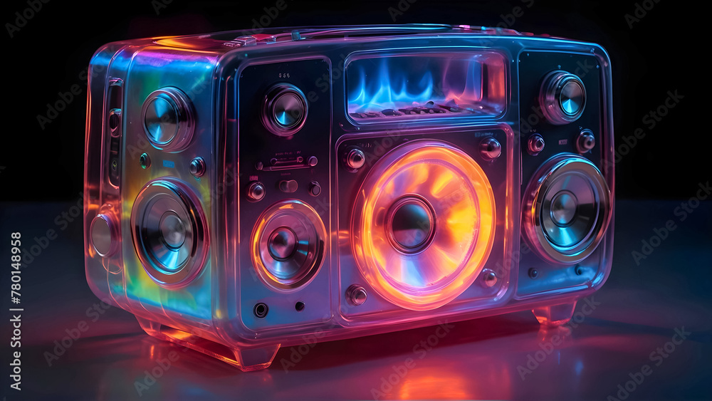 vintage glasscore radio surrounded by fire, burning speakers on black ...