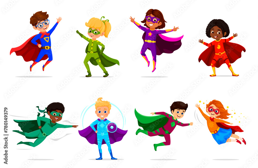 Cartoon kids superhero characters, boys and girls in super hero ...