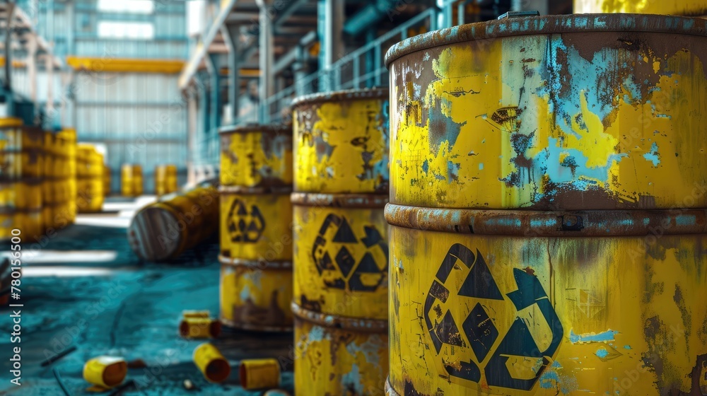 Radioactive waste tank with safety industrial hazard symbol. Concepts ...