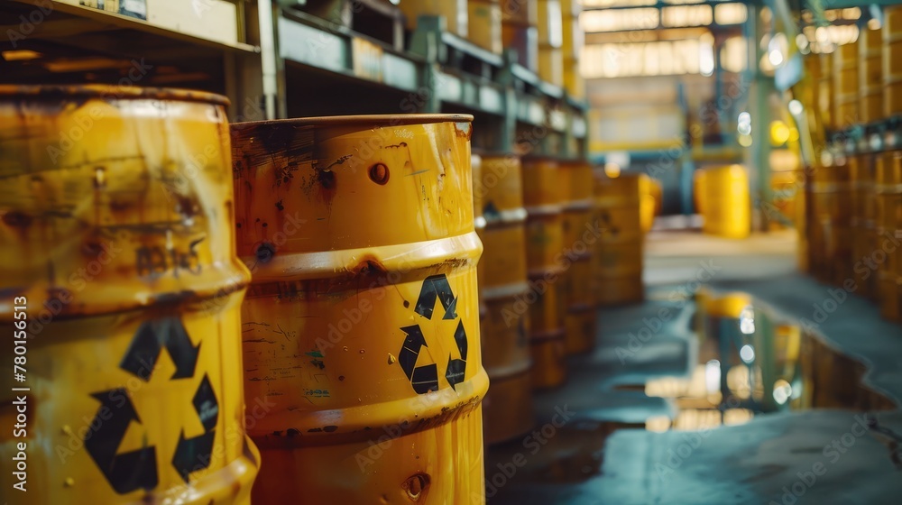 Radioactive waste tank with safety industrial hazard symbol. Concepts ...