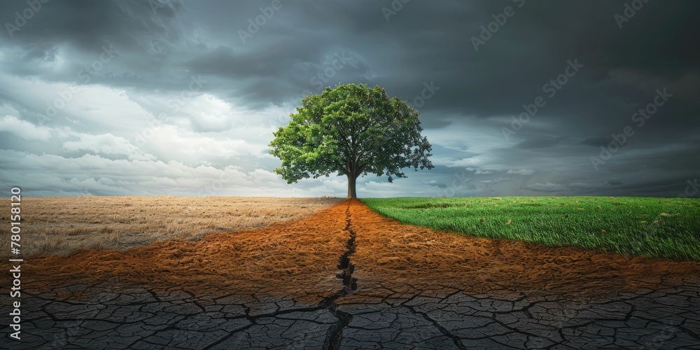 Conceptual image of a single tree on the dividing line between a lush ...