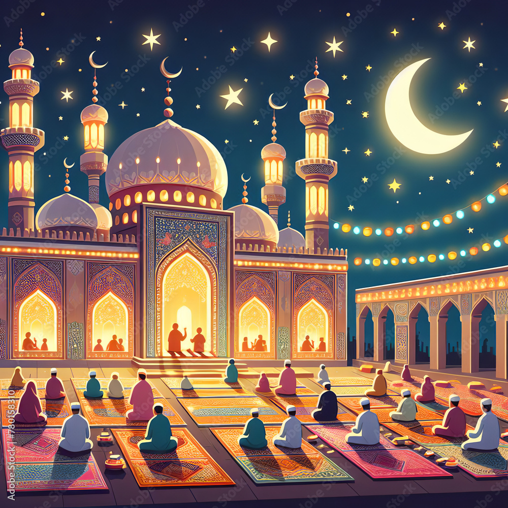 mosque at night, ramadhan vibes, ramadhan, ramadhan illustrator, happy ...