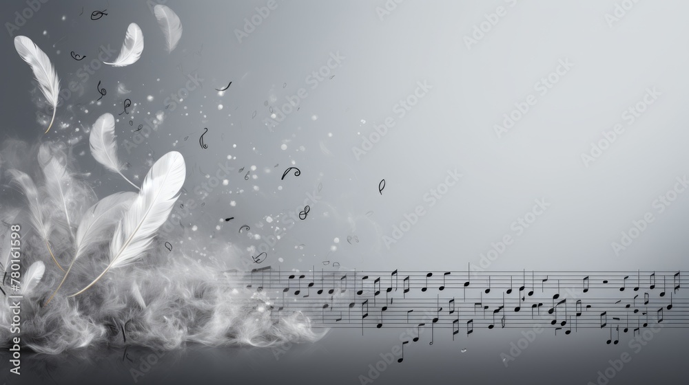 Delicate feathers blend with musical notes on a pale grey background ...