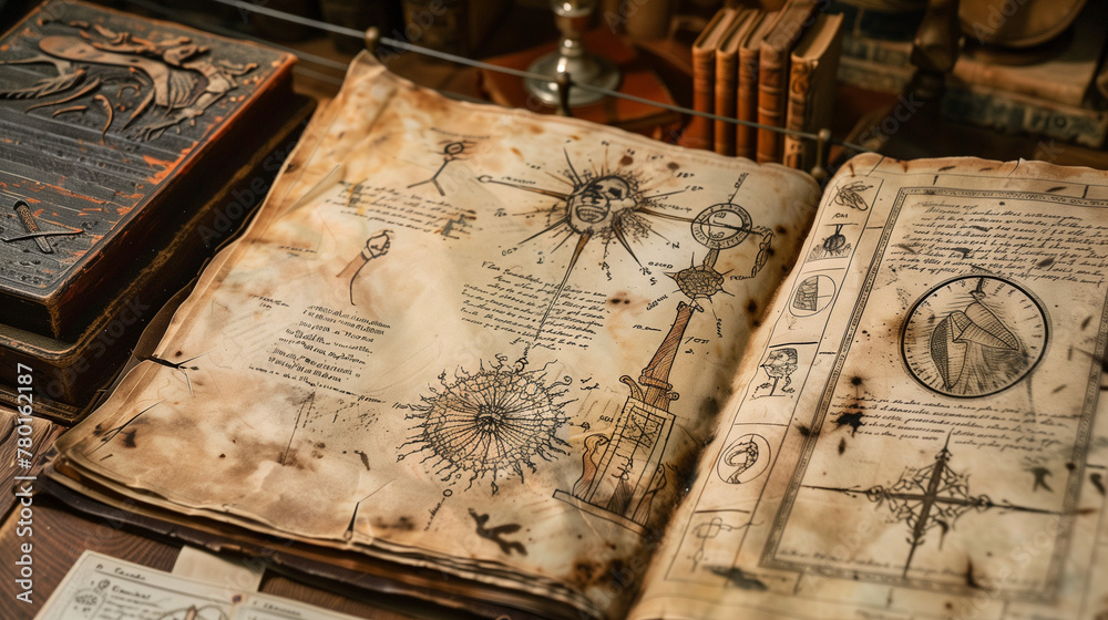 Old codices and ancient medieval scrolls, with hand-drawn magical ...